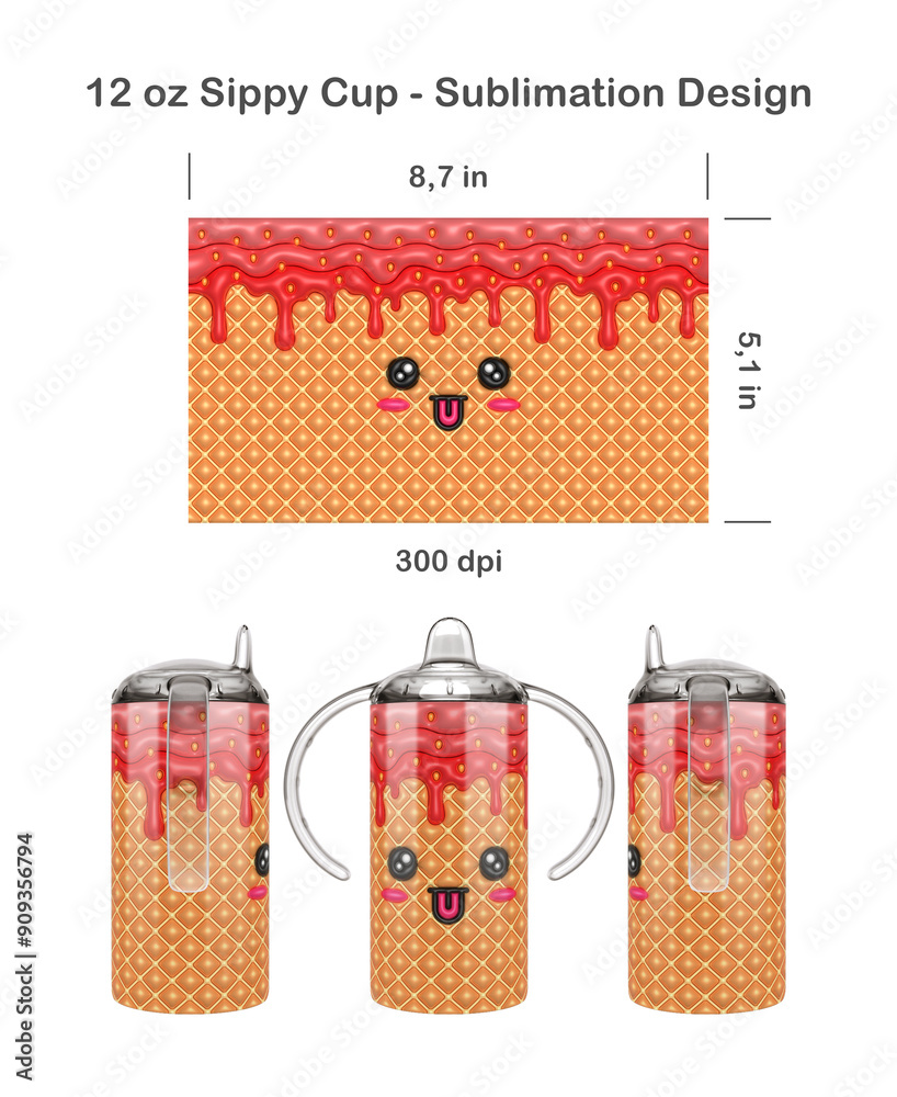 Funny Puffy Kawaii strawberry ice cream. Seamless sublimation template ...