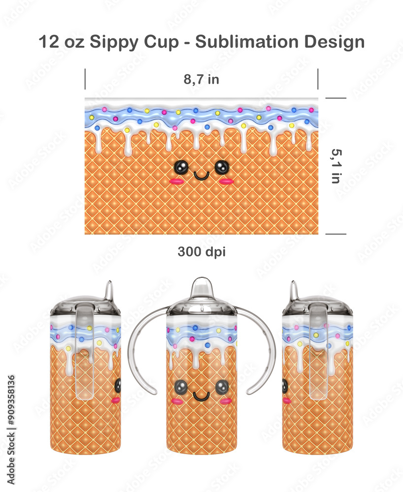 Funny Puffy Kawaii milk ice cream. Seamless sublimation template for 12 ...