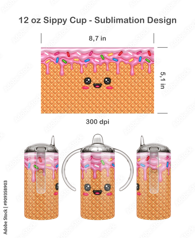 Funny Puffy Kawaii pink donut ice cream. Seamless sublimation template ...