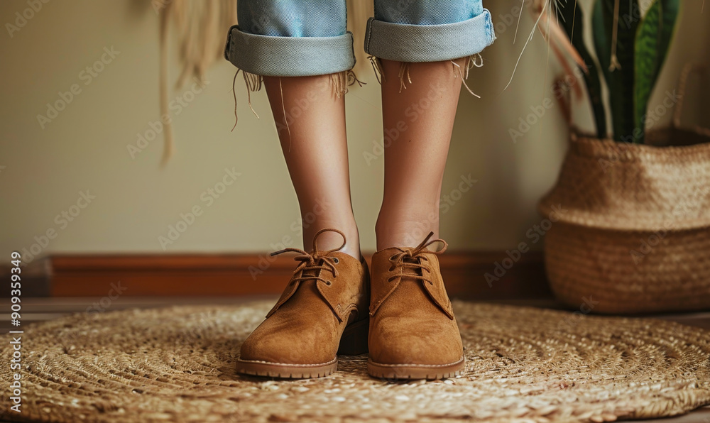 Casual Female Legs in Rolled Up Jeans Wearing Brown Suede Flat Shoes on ...
