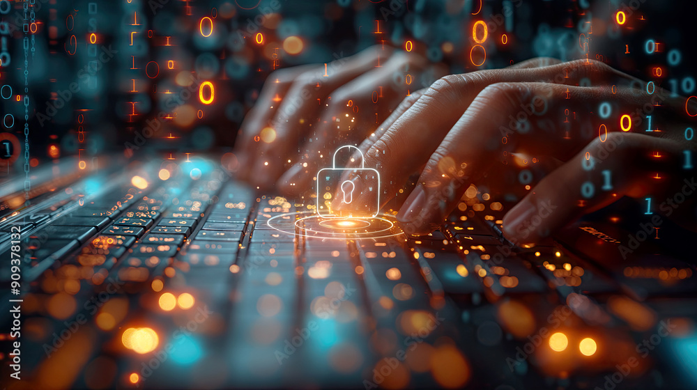 Hands Typing On A Laptop Keyboard With A Glowing Digital Lock Icon Symbolizing Cybersecurity