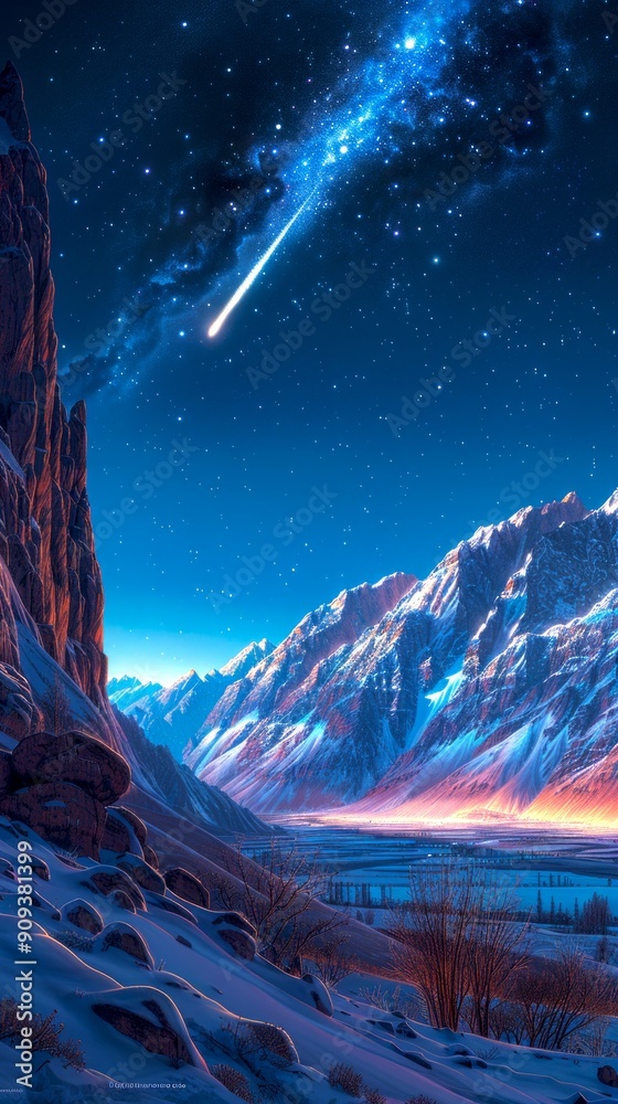 Stunning nighttime mountain landscape with a shooting star and starry ...
