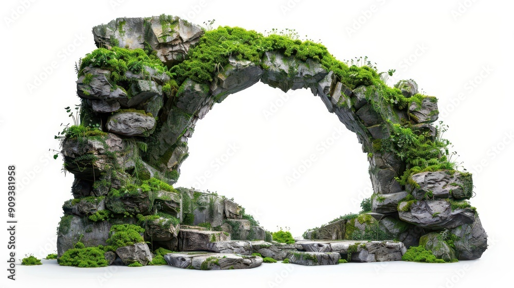 ancient stone arch with mosscovered surface isolated on white ...