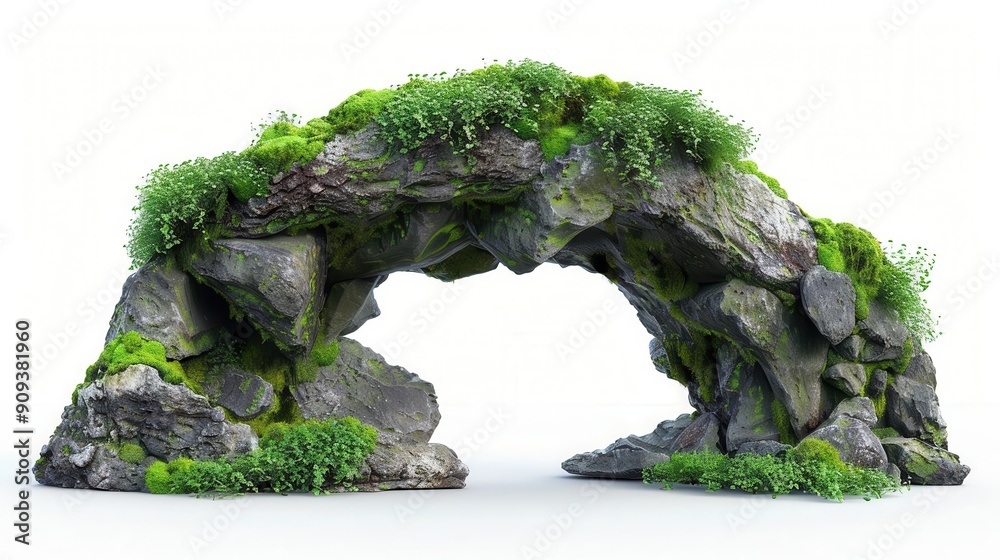 ancient stone arch with mosscovered surface isolated on white ...