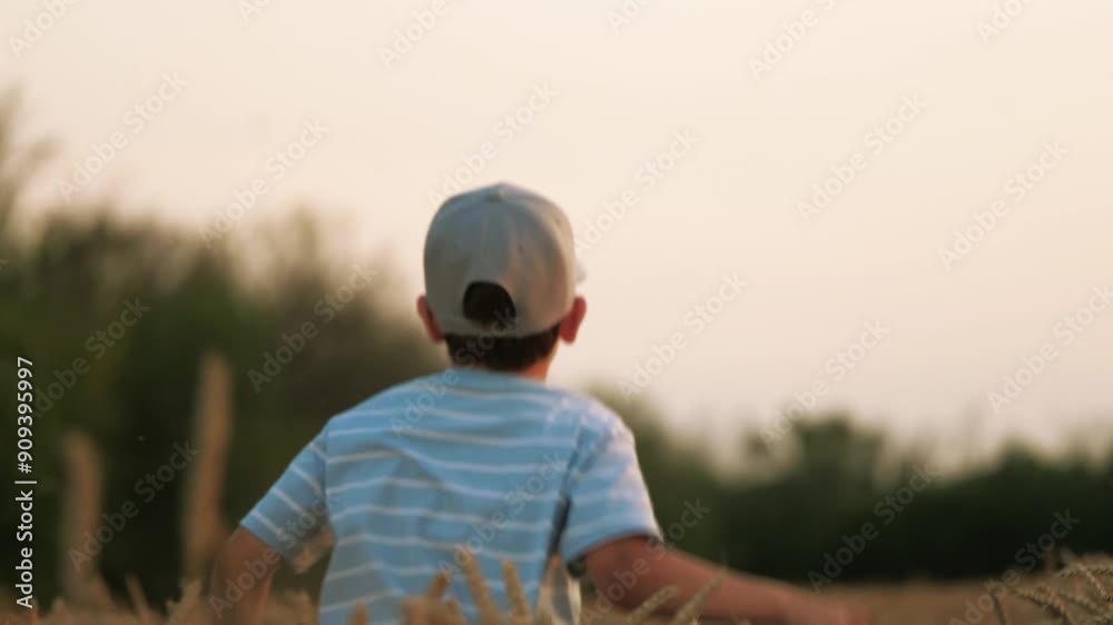 Cheerful child kid happily running through wheat field, turning around ...