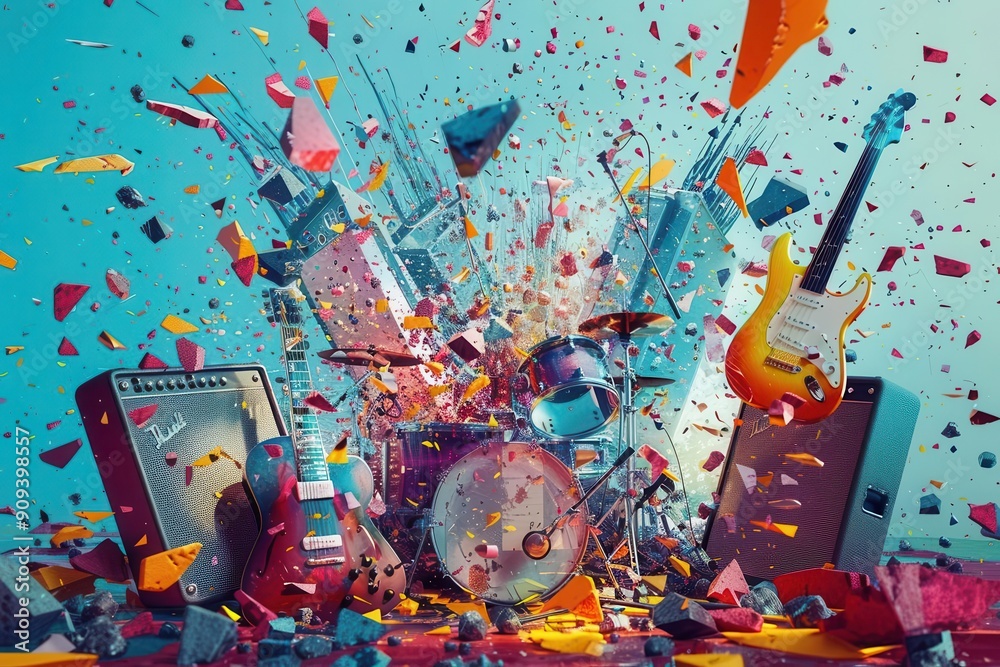 explosive composition of rock music instruments electric guitars drums ...