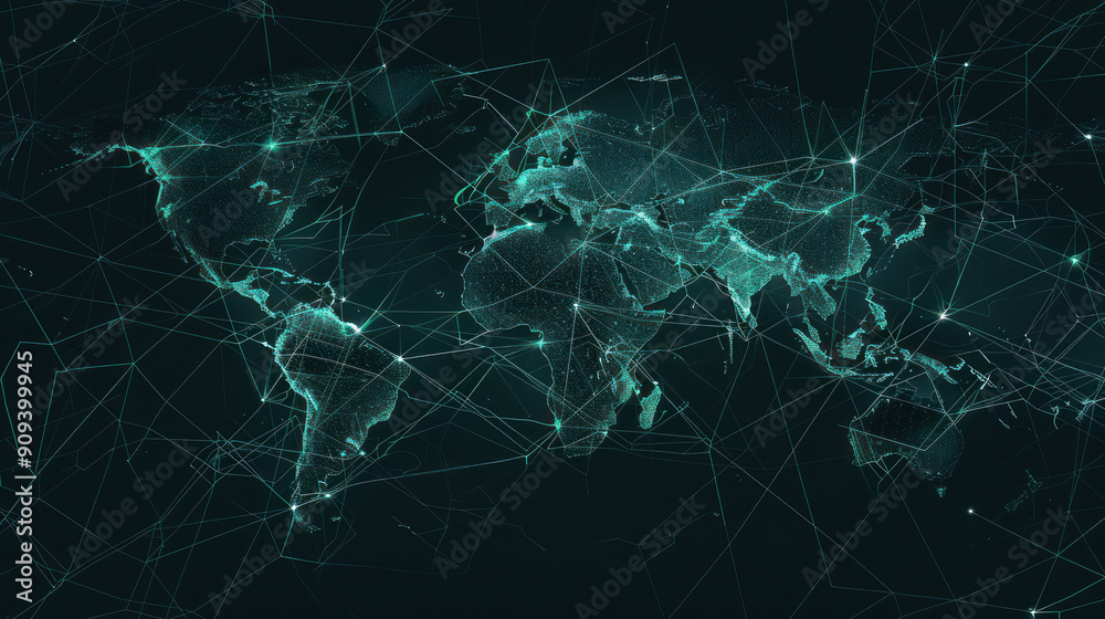 World map with interconnected lines and nodes, illustrating global ...