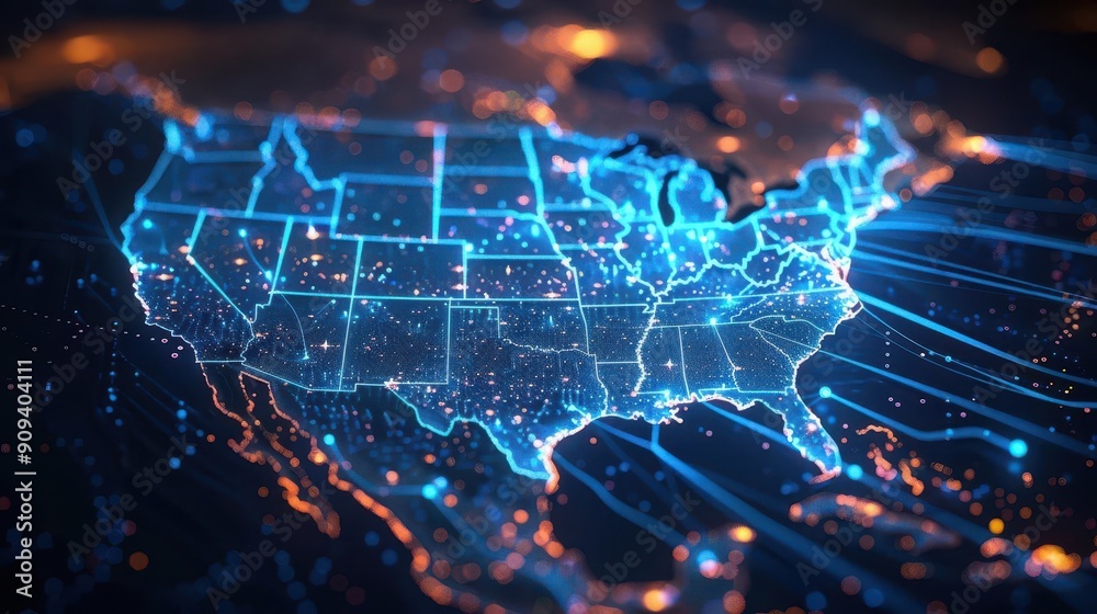 futuristic 3d holographic map of usa glowing blue network lines ...