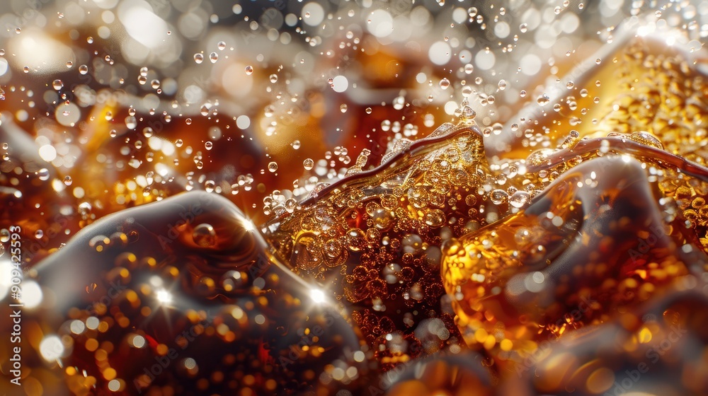3D close-up of a cola stream flowing over ice cubes, capturing the lively bubbles and chilled ...