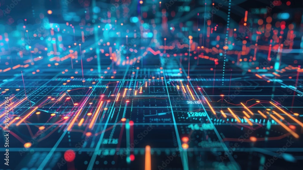 Detailed 3D rendering of a stock market graph with data points and ...