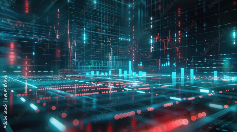 Detailed 3D rendering of financial symbols and charts with data points ...