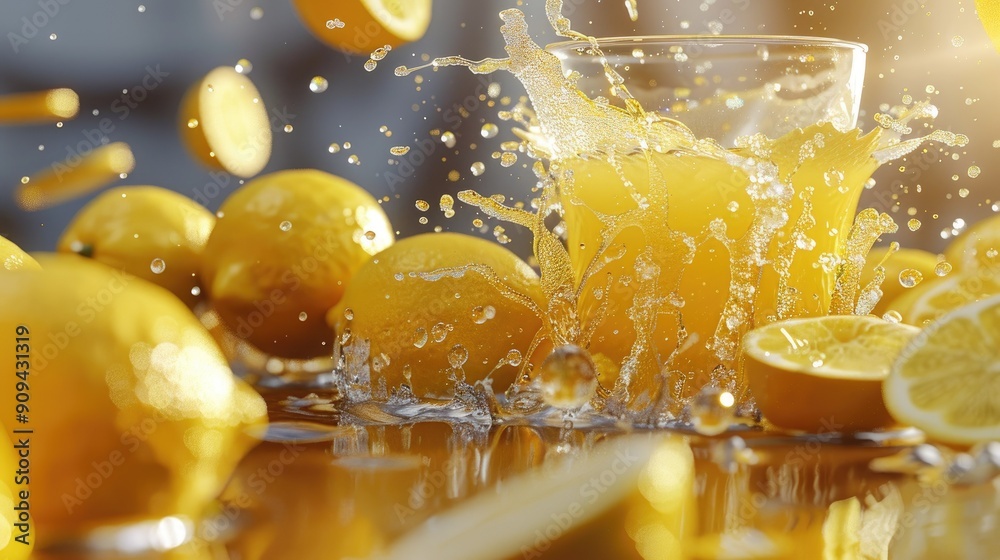 Hyper-realistic 3D image of fresh lemon juice splashing from a glass ...