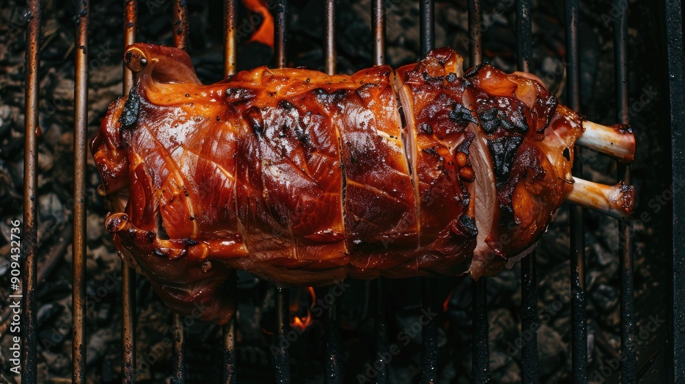 Roasted suckling pig on a BBQ grill, captured from top view, with ...
