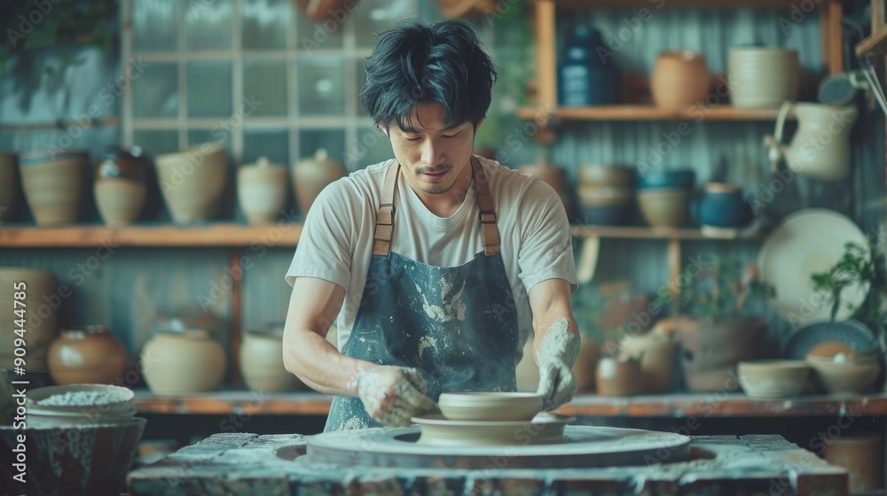 Craftsman at work shaping pottery on a wheel in a rustic workshop with ...