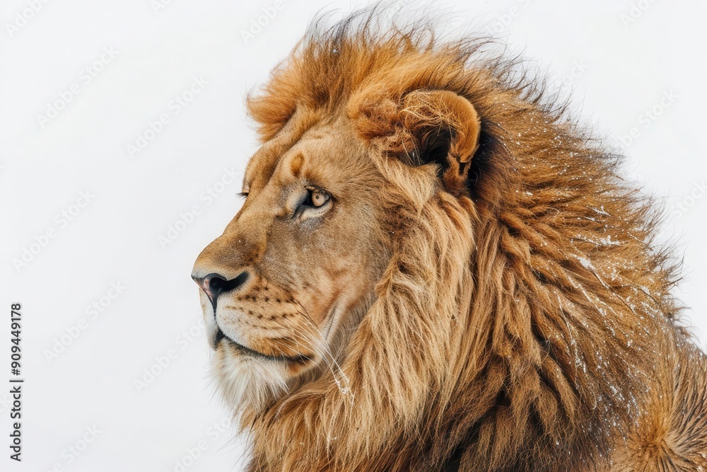 majestic lion portrait with flowing mane against stark white background ...