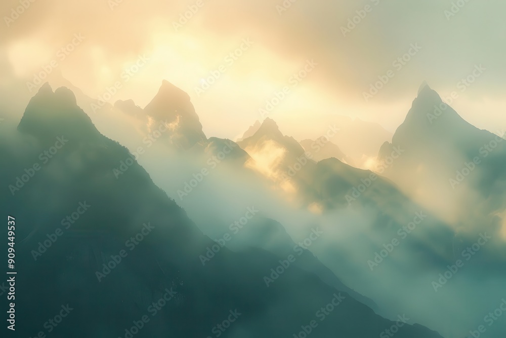 majestic mountain range shrouded in mist ethereal sunlight breaking through clouds dramatic ...