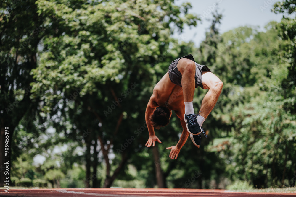 Athlete performing an impressive back-flip during an outdoor training ...