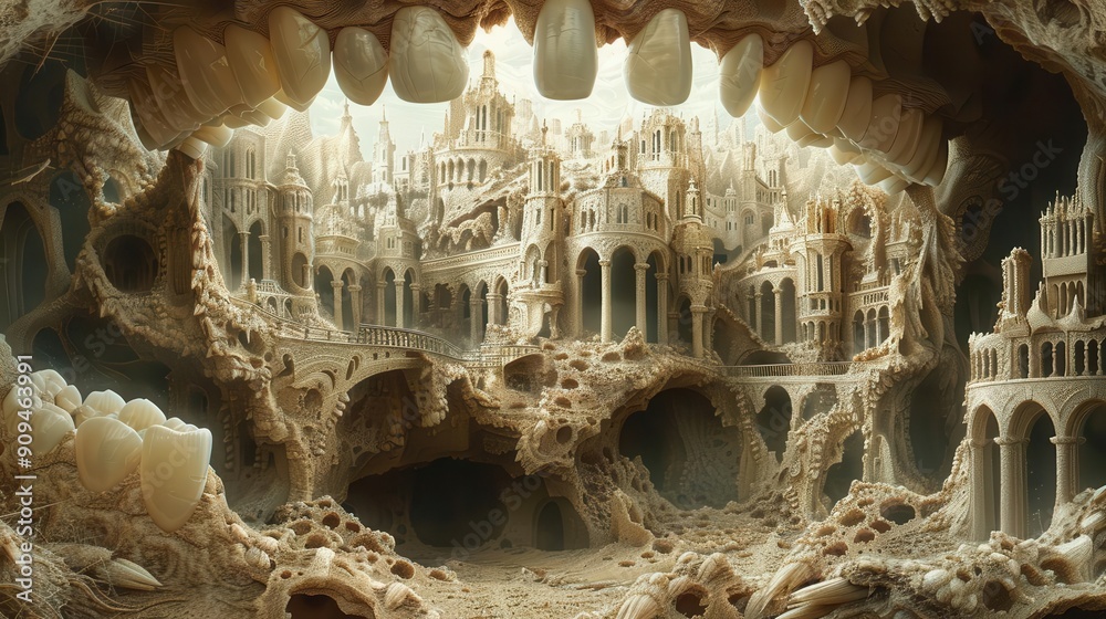 surreal dental nightmare scene with teeth transforming into a ...