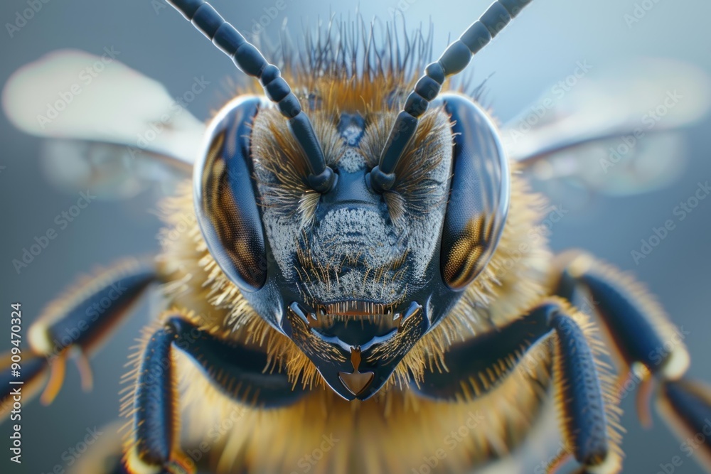 Honey bee posing for an extreme closeup showing its compound eyes ...