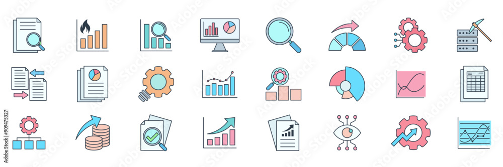 analysis icons set, Included icons as Big data, flow chart, Data report ...