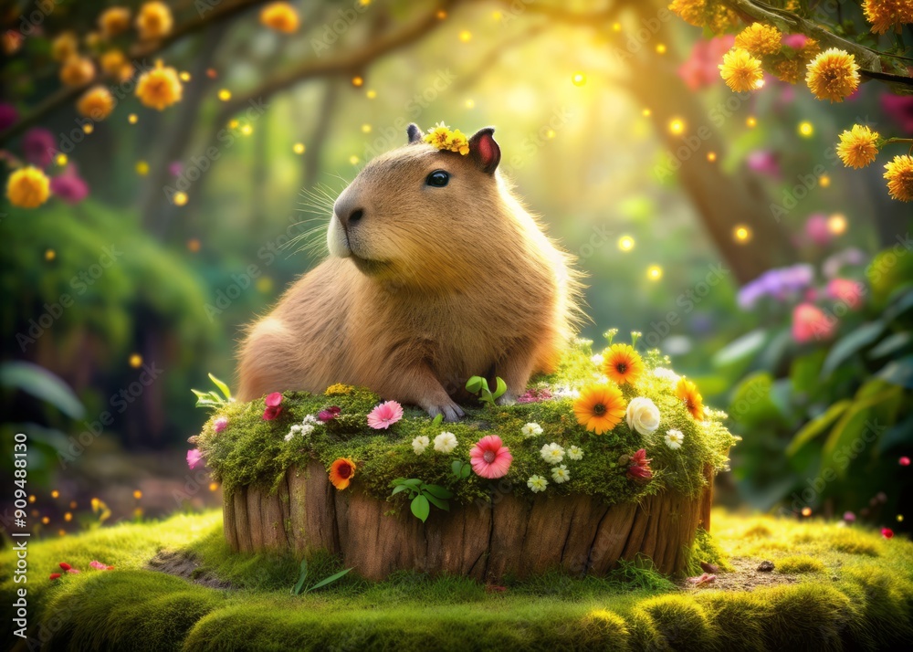 Adorable capybara fairy tale character lounges on a mossy tree stump ...