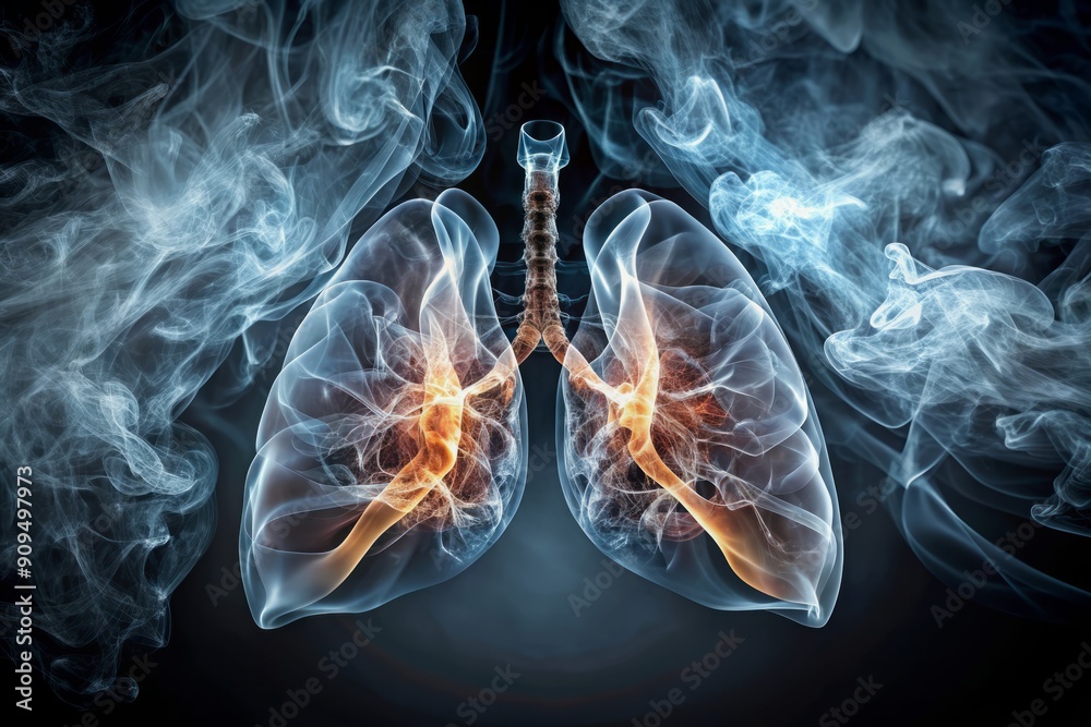 Dark, wispy cigarette smoke curls around a transparent model of human ...