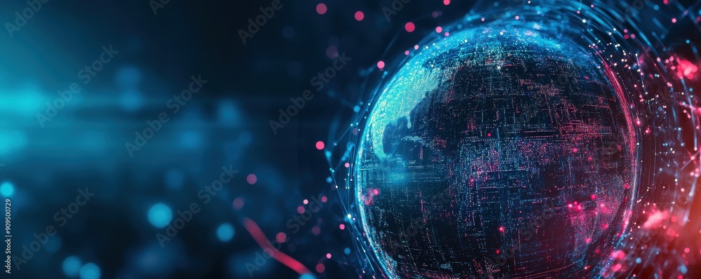 Elegant 3D hologram of a rotating globe with digital overlays, creating ...