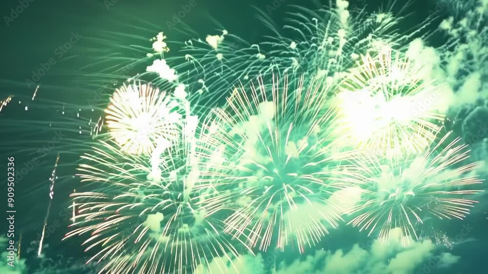 The colorful bursts of fireworks dance with each other creating a ...