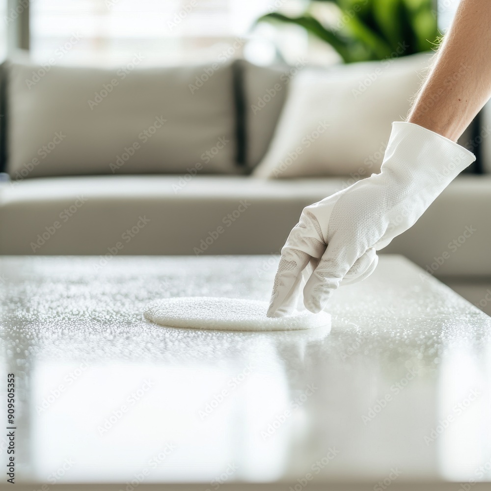Professional cleaner wiping down a modern coffee table in a chic living ...
