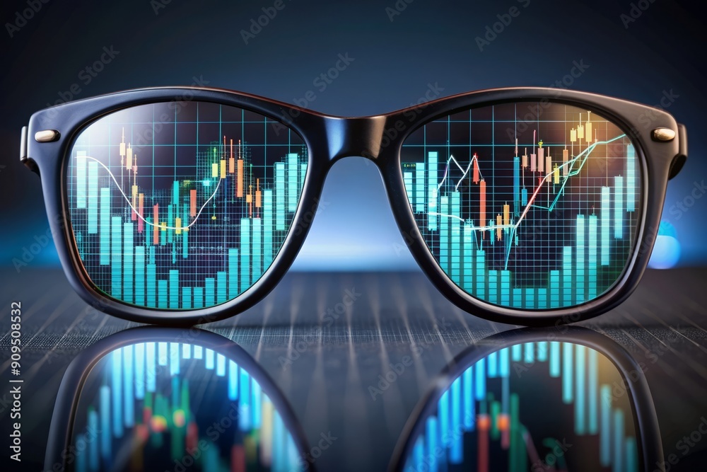 Financial data reflected in glasses on a sleek black background ...