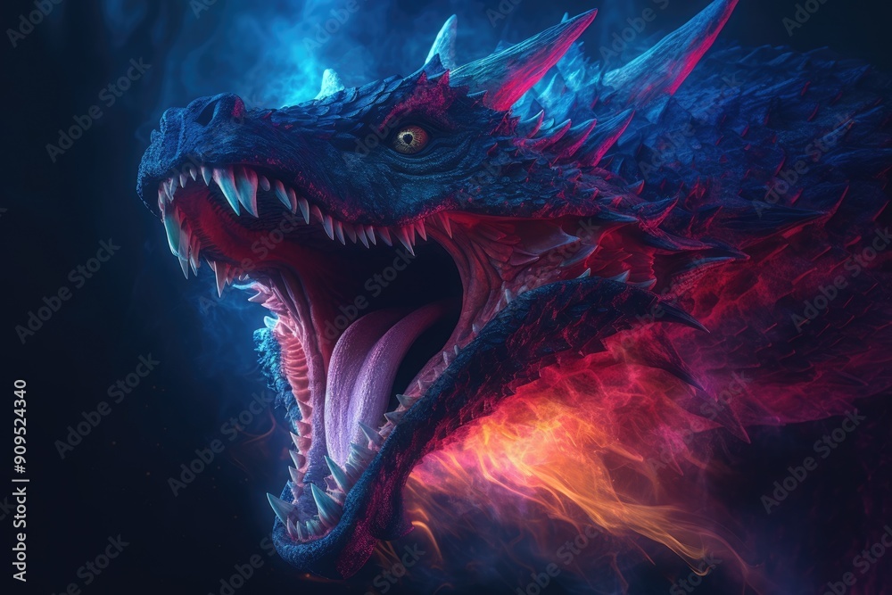 The close up picture of the fantasy dark dragon is opening the mouth to preparing to bite the ...