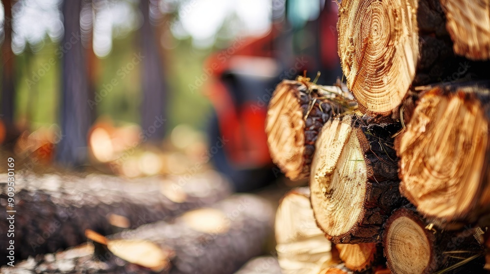 Pile of freshly cut logs stacked in a sunlit forest, representing ...