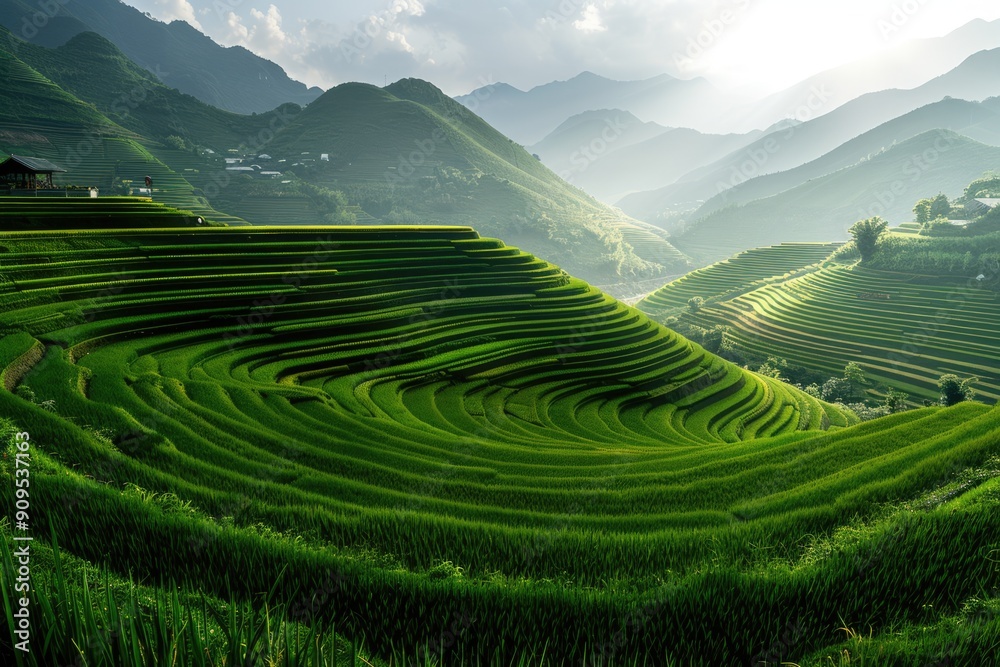Green rice terraces. Fields of crops prepared for harvest. Beautiful ...