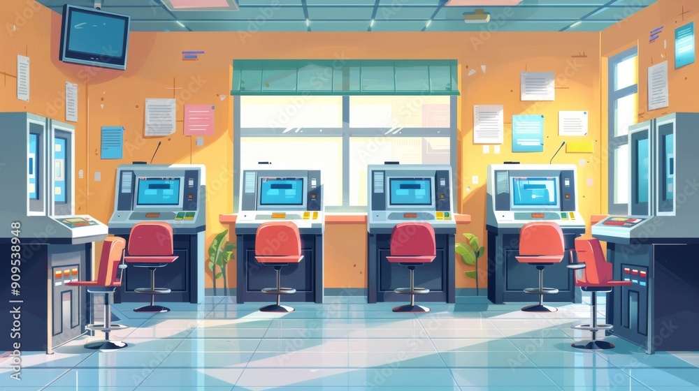 Voting room setup with electronic voting machines and bright partitions ...