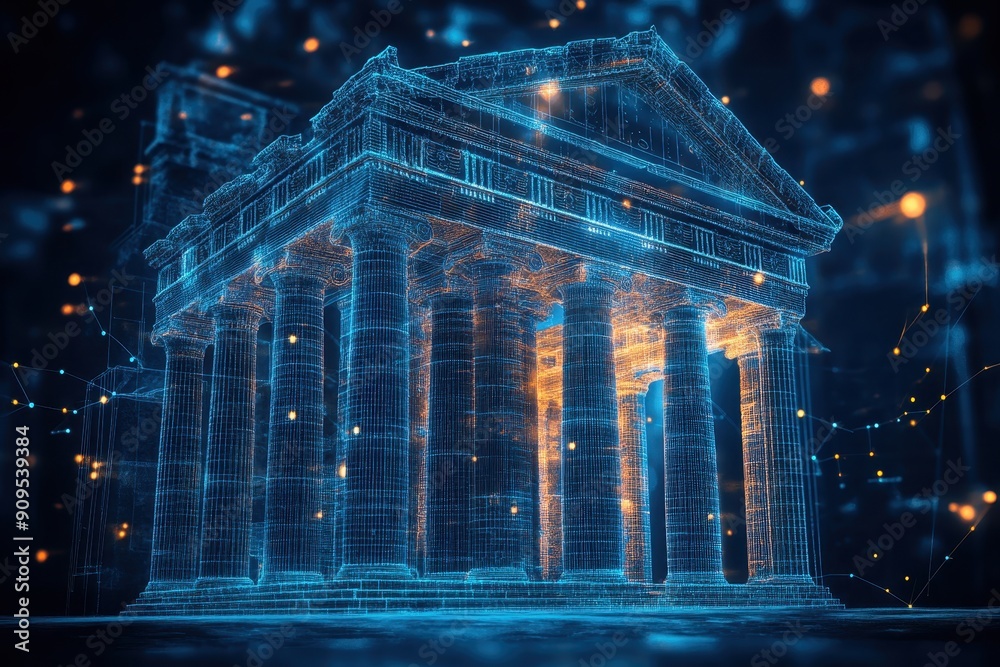 Abstract hologram of ancient greek architecture with pillars and arches ...