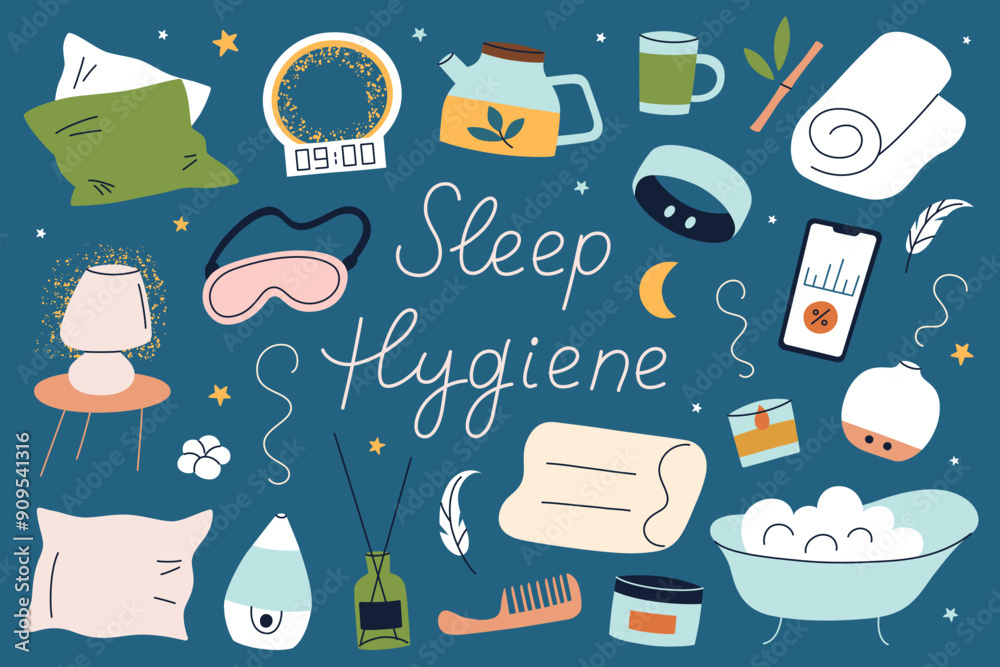 Vetor de Sleep hygiene vector illustrations set. Collection of items ...