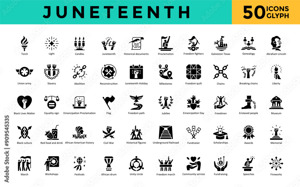 Juneteenth icon set with torch, light, candles, historical documents ...