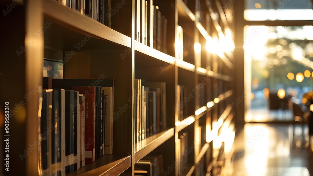 sunlight bathing an empty modern library with rows of sleek bookshelves ...