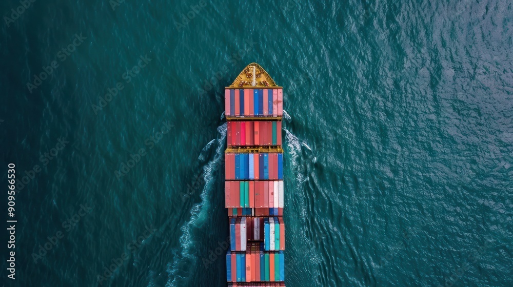 Overhead view of a cargo ship carrying multiple containers ...