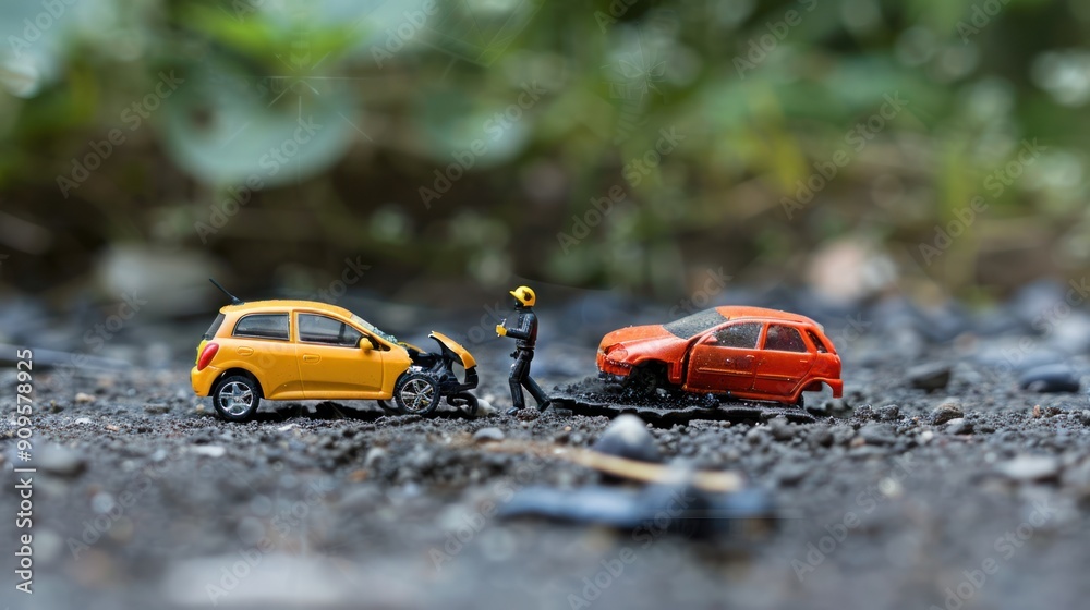 Toy cars and action figures depicting an accident and rescue operation ...