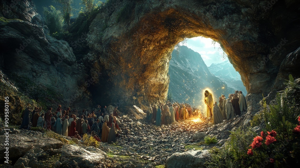 Powerful and dramatic scene of Jesus rising from the grave, amidst holy ...