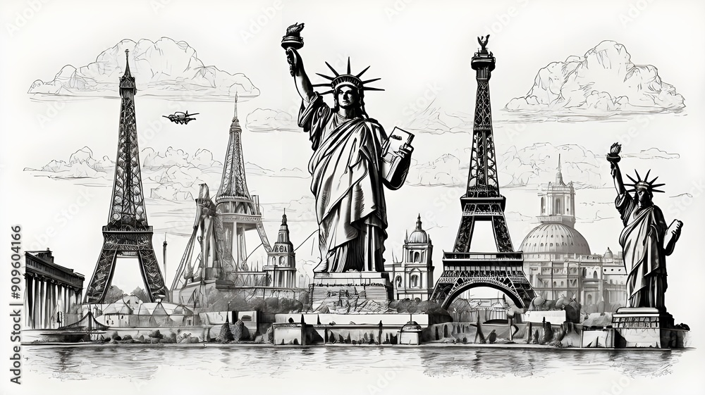 Line drawing of famous world landmarks on a white background, depicted ...