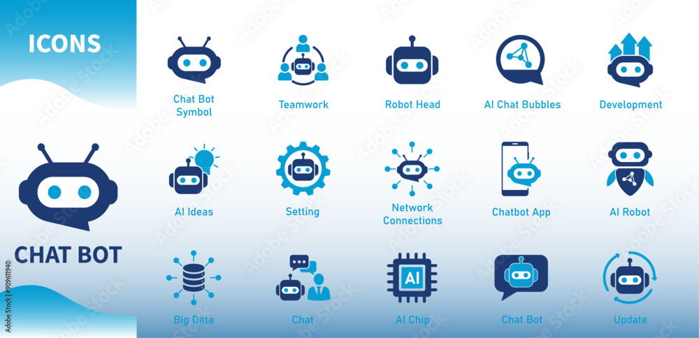 Chat bot icons. Set of flat icons on artificial intelligence, robots ...