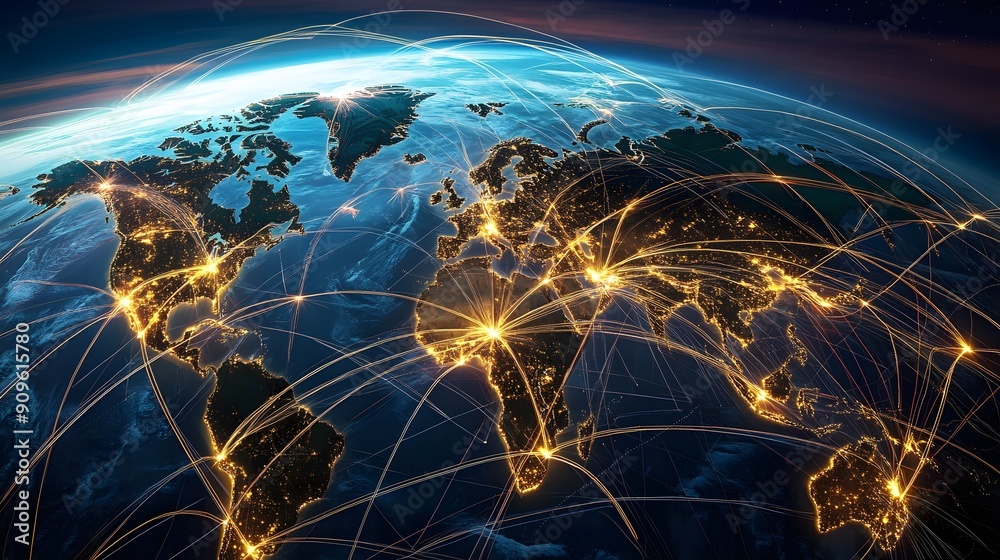 Abstract representation of global air travel networks, featuring ...