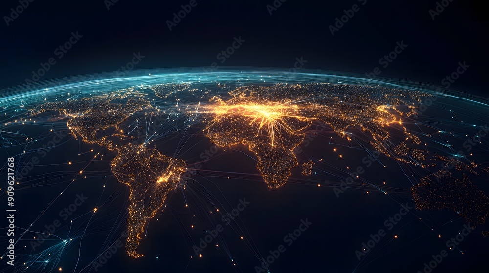 Visual of global air travel networks with a digital world map ...