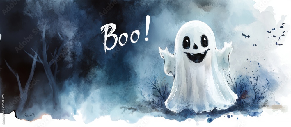 Watercolor ghost with a mischievous grin, with text "Boo!" in big ...