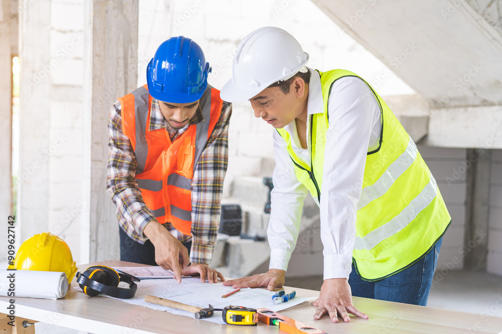 Builder team, hand of two asian young engineer, architect man, male ...