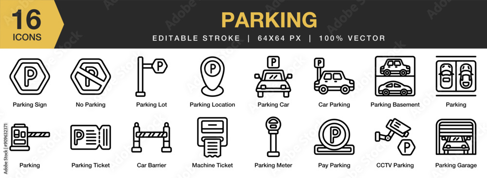 Parking icon set. Editable Stroke Icon Collection. Includes car barrier ...
