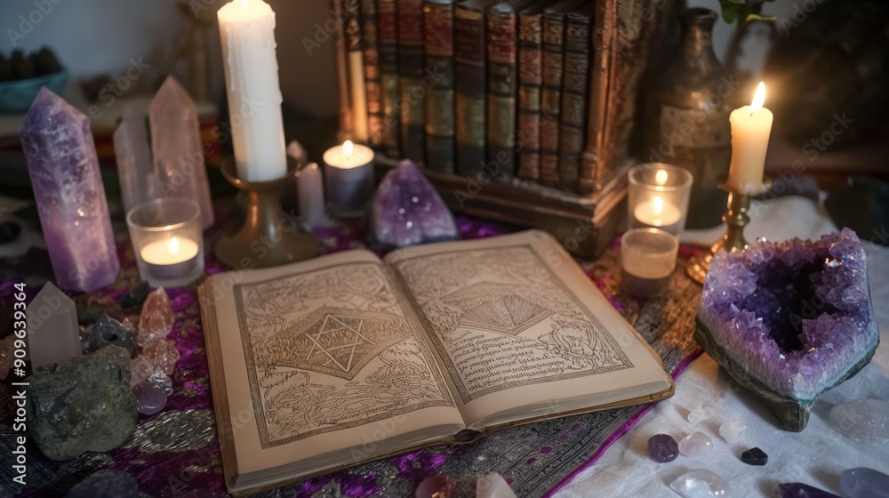 ritual table with crystals, candles, and an open grimoire, set up for a ...