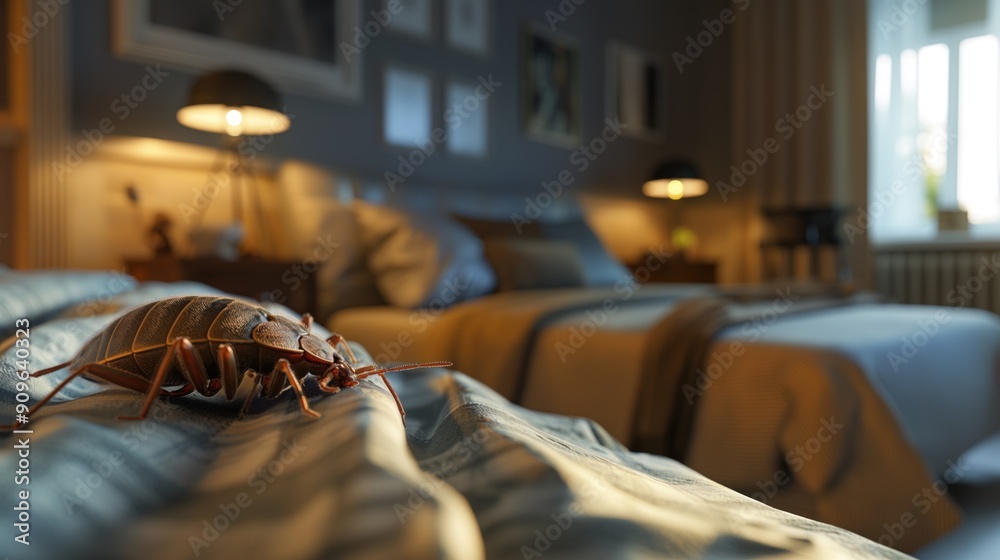 Professional exterminator treating bed bug infestation in a bedroom ...